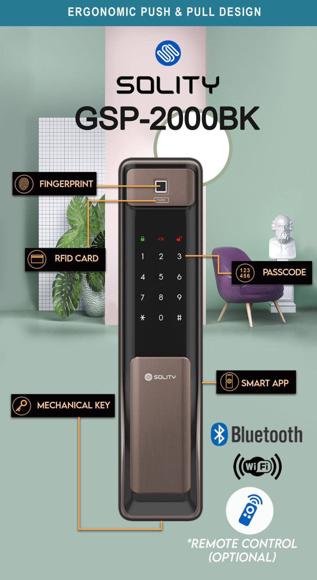 Khoá cửa vân tay bluetooth Solity GSP-2000BK